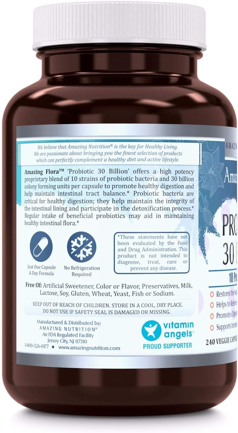 Amazing Flora Probiotic 30 Billion | 10 Strains | 240 Veggie Capsules ...