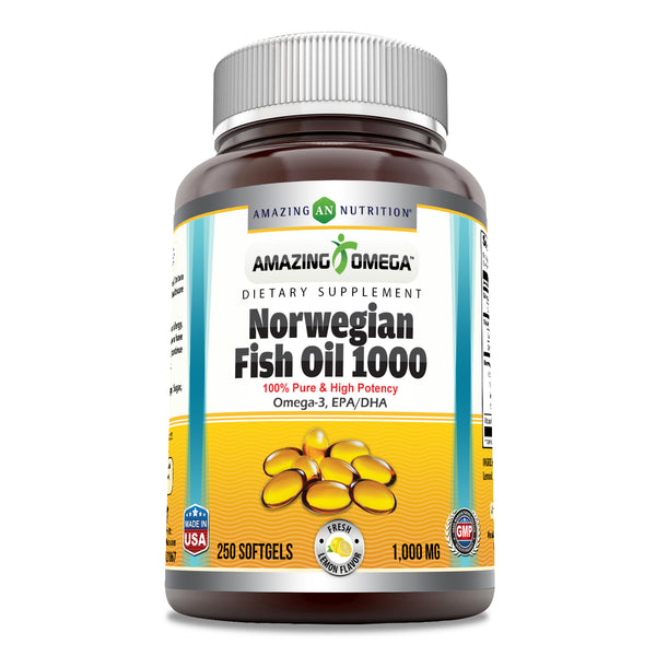 Amazing Omega Norwegian Fish Oil | 1000 Mg | 250 Softgels | Lemon Flav ...