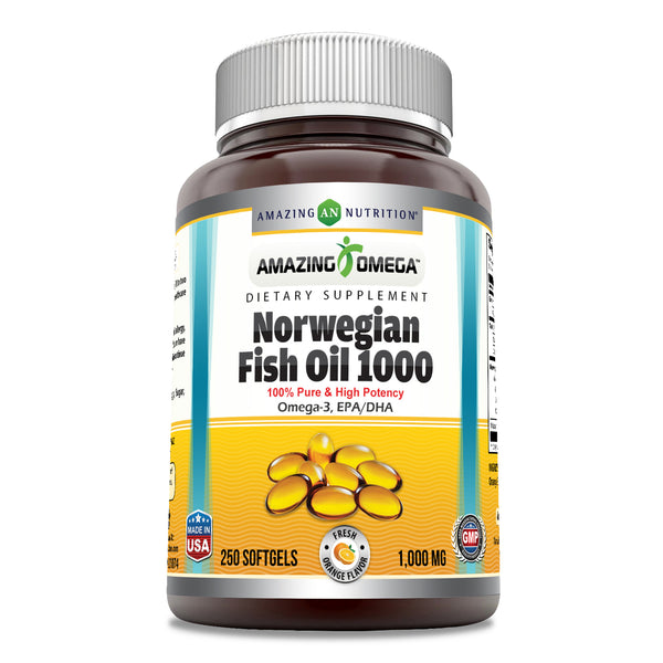 Amazing Omega Norwegian Fish Oil | 1000 Mg | 250 Softgels | Orange Fla ...
